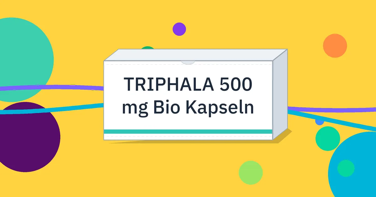 Symbolbild: Packung mit der Aufschrift TRIPHALA 500 mg Bio Kapseln (PZN 18063751) – Verfügbarkeit und Bezug in Apotheken in Frankfurt am Main