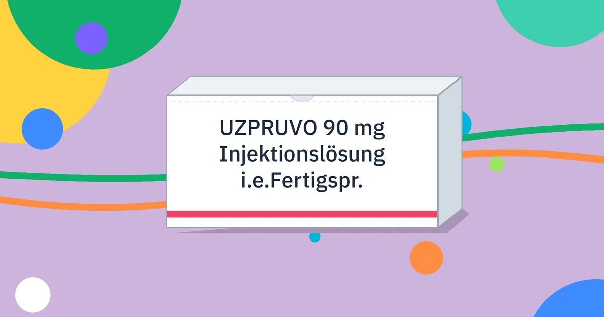 Symbolbild: Packung mit der Aufschrift UZPRUVO 90 mg Injektionslösung i.e.Fertigspr. (PZN 19469811) – Verfügbarkeit und Bezug in Apotheken in Frankfurt am Main