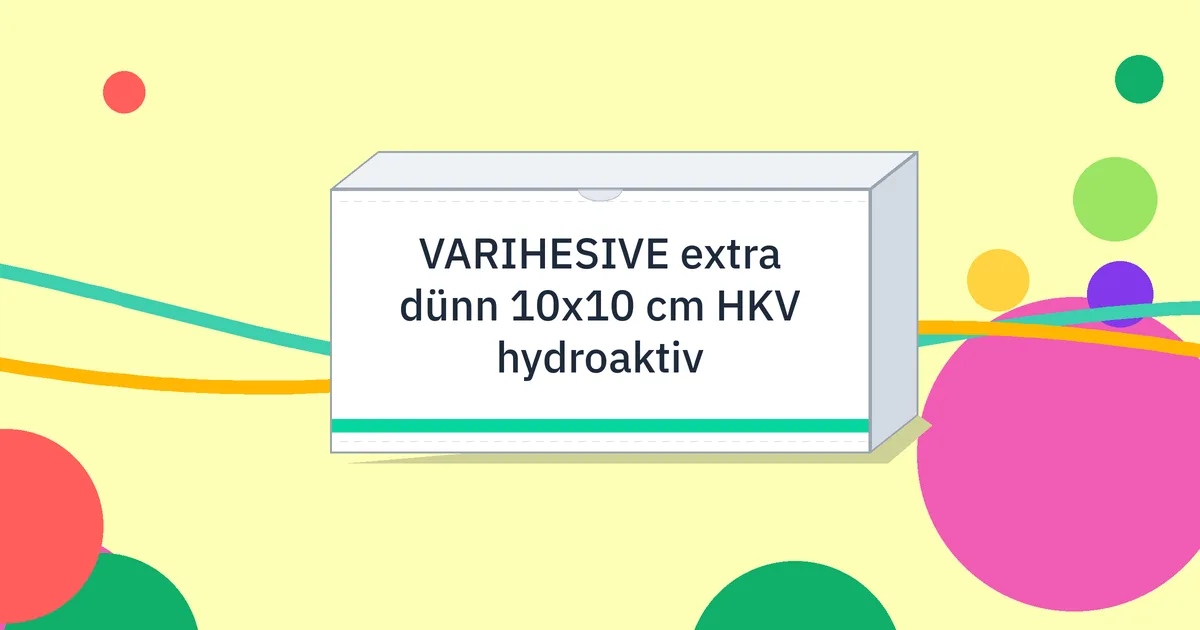 Symbolbild: Packung mit der Aufschrift VARIHESIVE extra dünn 10x10 cm HKV hydroaktiv (PZN 03892654) – Verfügbarkeit und Bezug in Apotheken in Frankfurt am Main