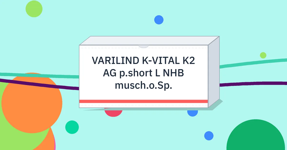 Symbolbild: Packung mit der Aufschrift VARILIND K-VITAL K2 AG p.short L NHB musch.o.Sp. (PZN 20565715) – Verfügbarkeit und Bezug in Apotheken in Frankfurt am Main