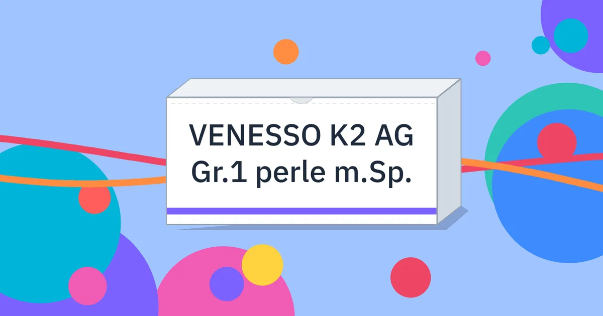 Symbolbild: Packung mit der Aufschrift VENESSO K2 AG Gr.1 perle m.Sp. (PZN 03275401) – Verfügbarkeit und Bezug in Apotheken in Frankfurt am Main