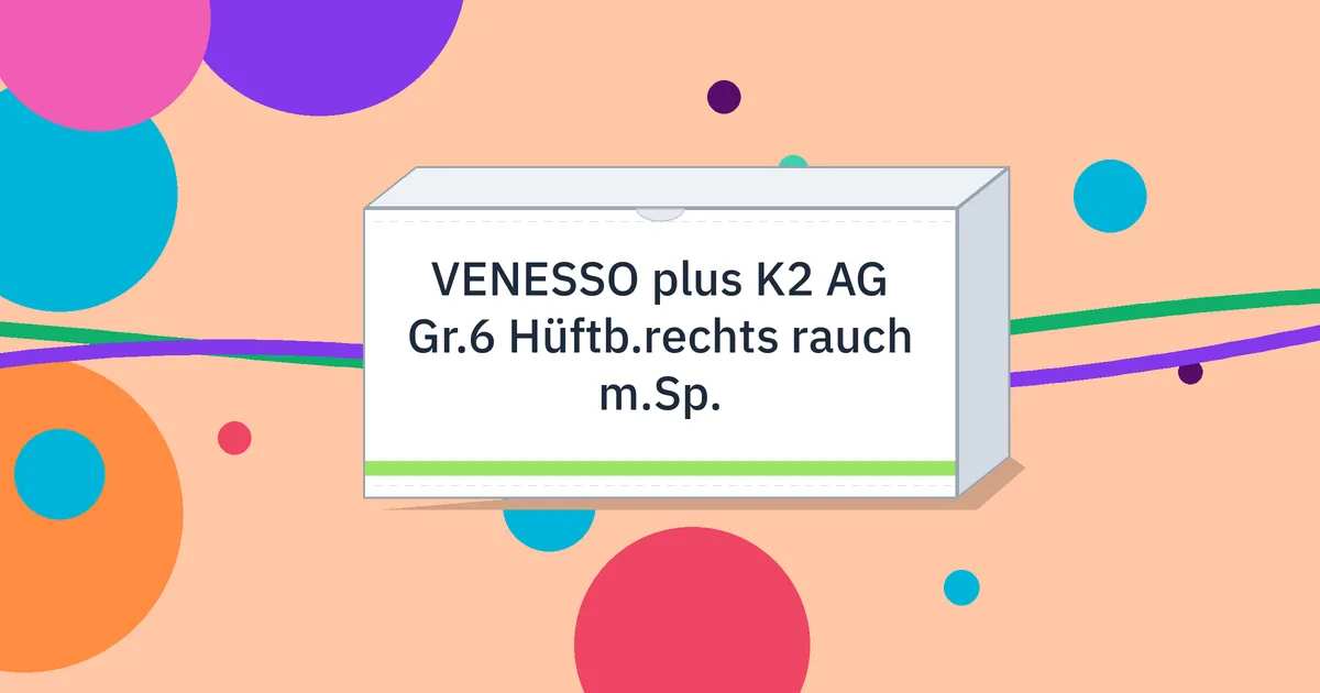Symbolbild: Packung mit der Aufschrift VENESSO plus K2 AG Gr.6 Hüftb.rechts rauch m.Sp. (PZN 03304255) – Verfügbarkeit und Bezug in Apotheken in Frankfurt am Main
