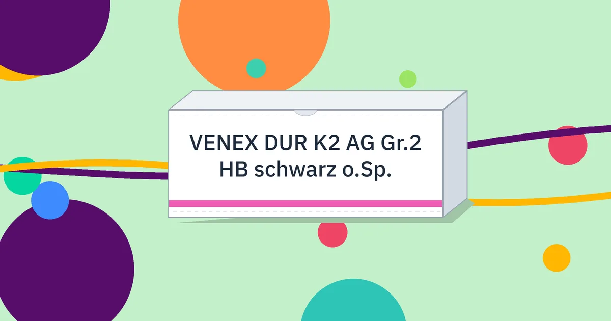Symbolbild: Packung mit der Aufschrift VENEX DUR K2 AG Gr.2 HB schwarz o.Sp. (PZN 03221374) – Verfügbarkeit und Bezug in Apotheken in Frankfurt am Main