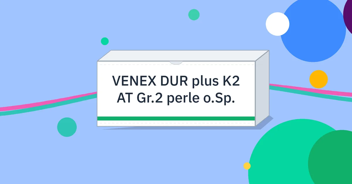Symbolbild: Packung mit der Aufschrift VENEX DUR plus K2 AT Gr.2 perle o.Sp. (PZN 03234520) – Verfügbarkeit und Bezug in Apotheken in Frankfurt am Main