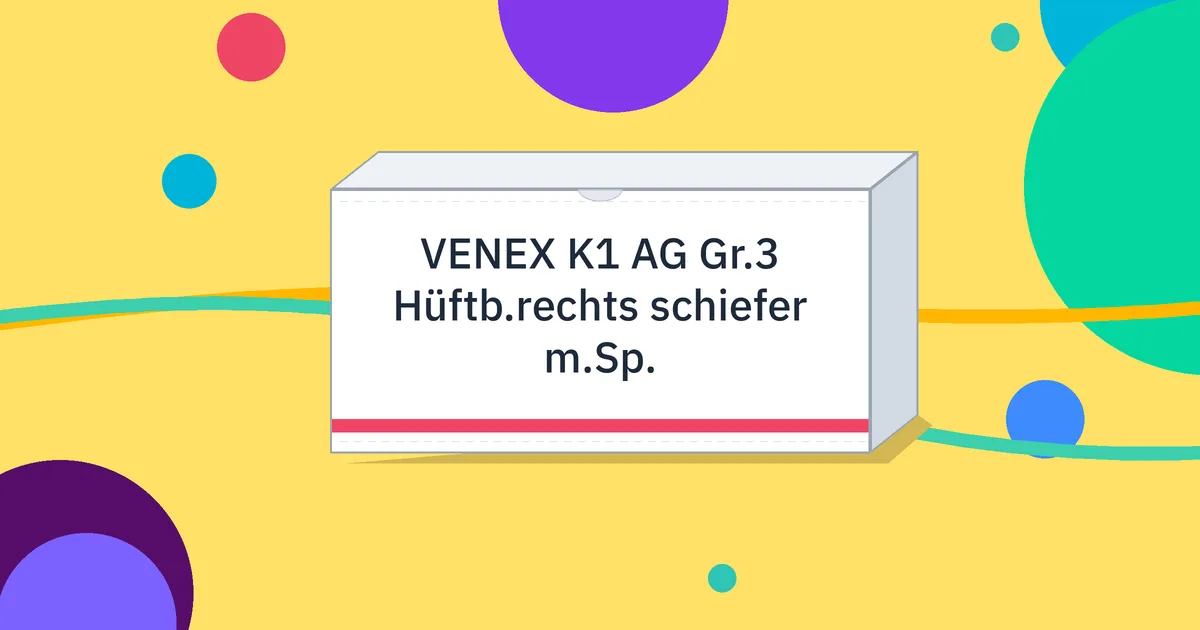 Symbolbild: Packung mit der Aufschrift VENEX K1 AG Gr.3 Hüftb.rechts schiefer m.Sp. (PZN 03203175) – Verfügbarkeit und Bezug in Apotheken in Frankfurt am Main