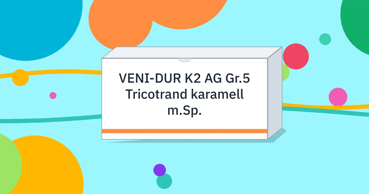 Symbolbild: Packung mit der Aufschrift VENI-DUR K2 AG Gr.5 Tricotrand karamell m.Sp. (PZN 13762409) – Verfügbarkeit und Bezug in Apotheken in Frankfurt am Main