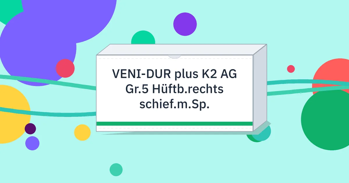 Symbolbild: Packung mit der Aufschrift VENI-DUR plus K2 AG Gr.5 Hüftb.rechts schief.m.Sp. (PZN 03256332) – Verfügbarkeit und Bezug in Apotheken in Frankfurt am Main