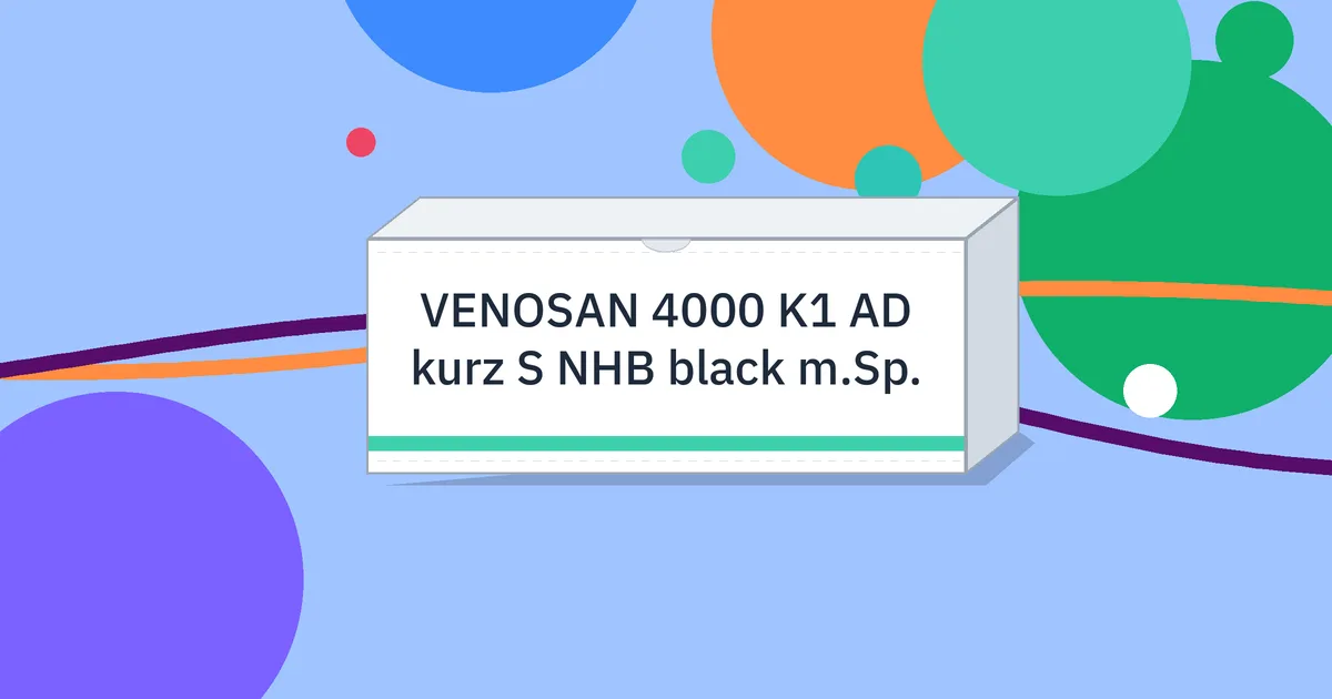 Symbolbild: Packung mit der Aufschrift VENOSAN 4000 K1 AD kurz S NHB black m.Sp. (PZN 14426613) – Verfügbarkeit und Bezug in Apotheken in Frankfurt am Main