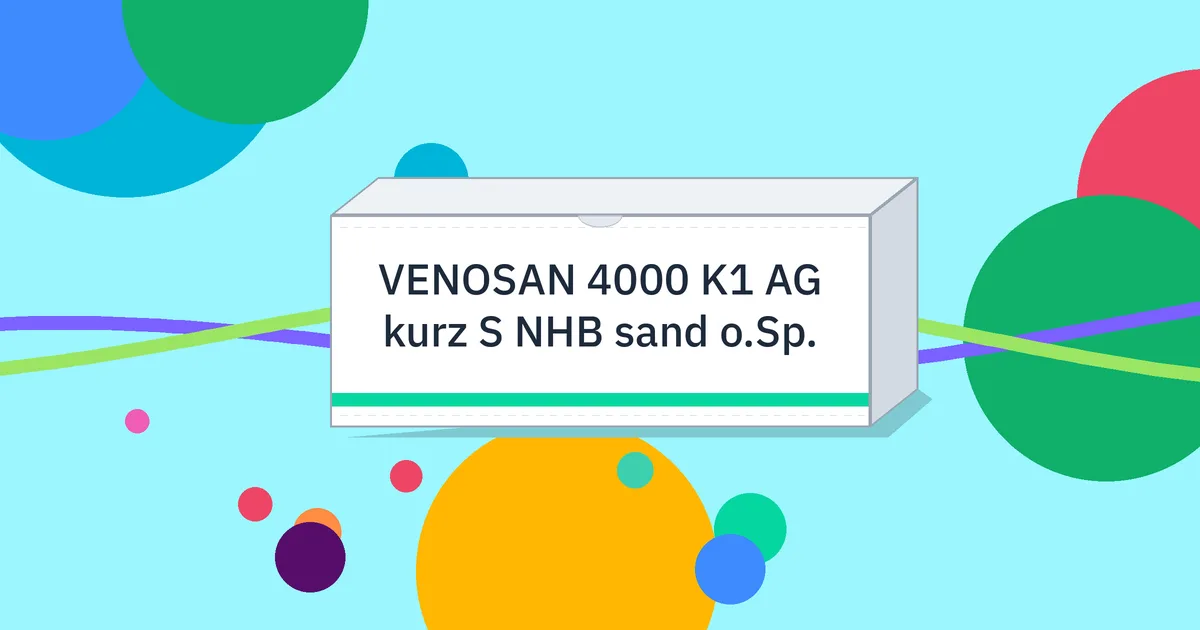Symbolbild: Packung mit der Aufschrift VENOSAN 4000 K1 AG kurz S NHB sand o.Sp. (PZN 14422207) – Verfügbarkeit und Bezug in Apotheken in Frankfurt am Main