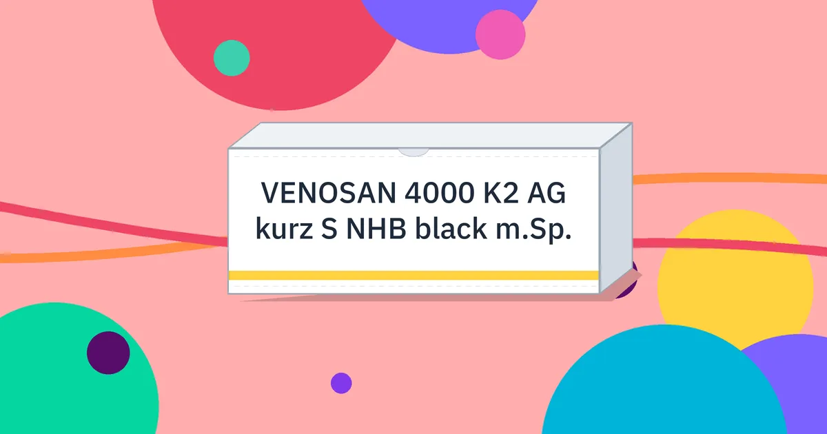 Symbolbild: Packung mit der Aufschrift VENOSAN 4000 K2 AG kurz S NHB black m.Sp. (PZN 14427943) – Verfügbarkeit und Bezug in Apotheken in Frankfurt am Main