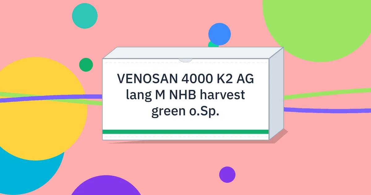 Symbolbild: Packung mit der Aufschrift VENOSAN 4000 K2 AG lang M NHB harvest green o.Sp. (PZN 18847719) – Verfügbarkeit und Bezug in Apotheken in Frankfurt am Main