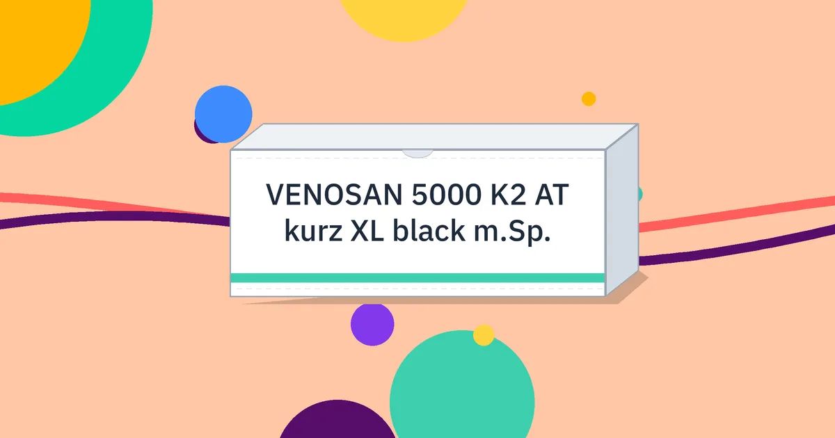 Symbolbild: Packung mit der Aufschrift VENOSAN 5000 K2 AT kurz XL black m.Sp. (PZN 14433530) – Verfügbarkeit und Bezug in Apotheken in Frankfurt am Main
