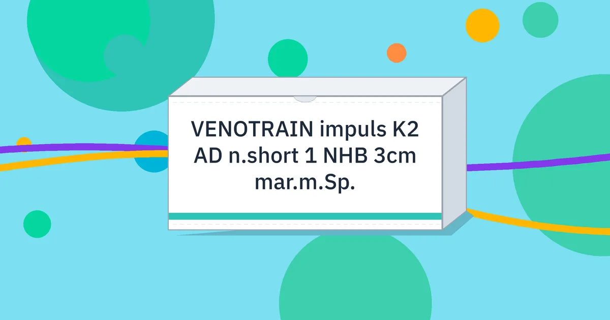 Symbolbild: Packung mit der Aufschrift VENOTRAIN impuls K2 AD n.short 1 NHB 3cm mar.m.Sp. (PZN 15223415) – Verfügbarkeit und Bezug in Apotheken in Frankfurt am Main