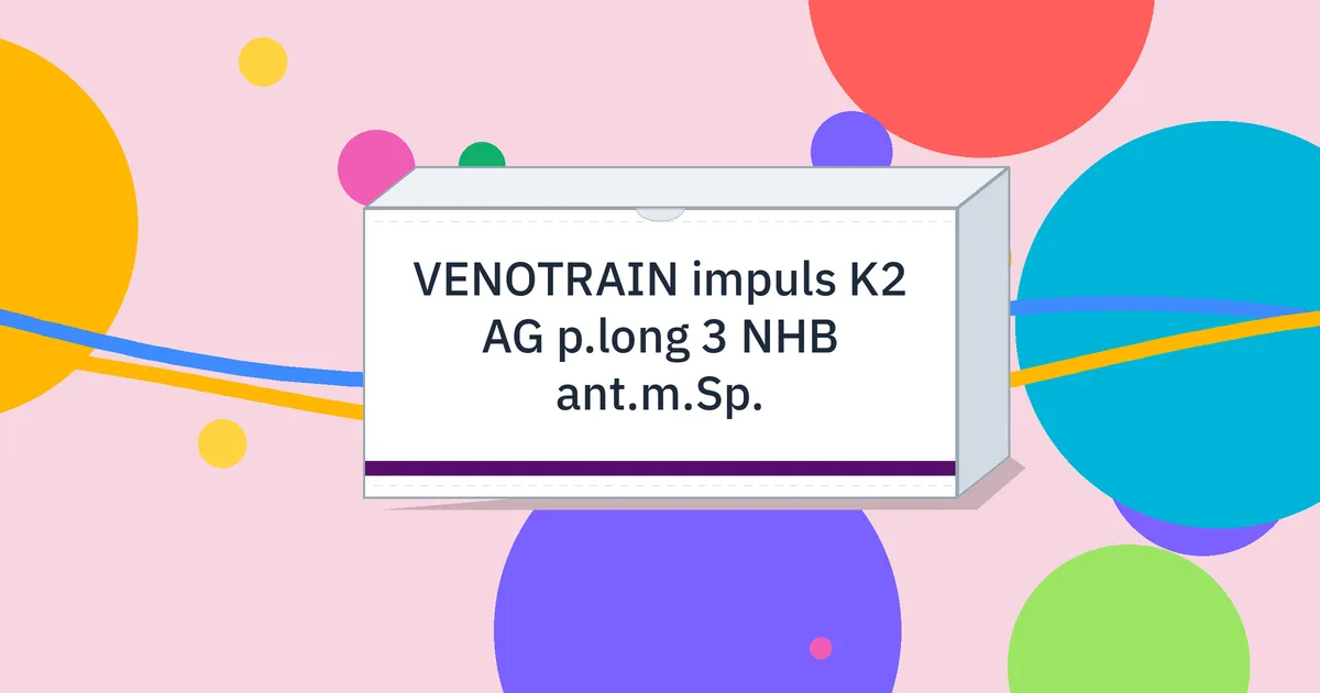 Symbolbild: Packung mit der Aufschrift VENOTRAIN impuls K2 AG p.long 3 NHB ant.m.Sp. (PZN 15214830) – Verfügbarkeit und Bezug in Apotheken in Frankfurt am Main