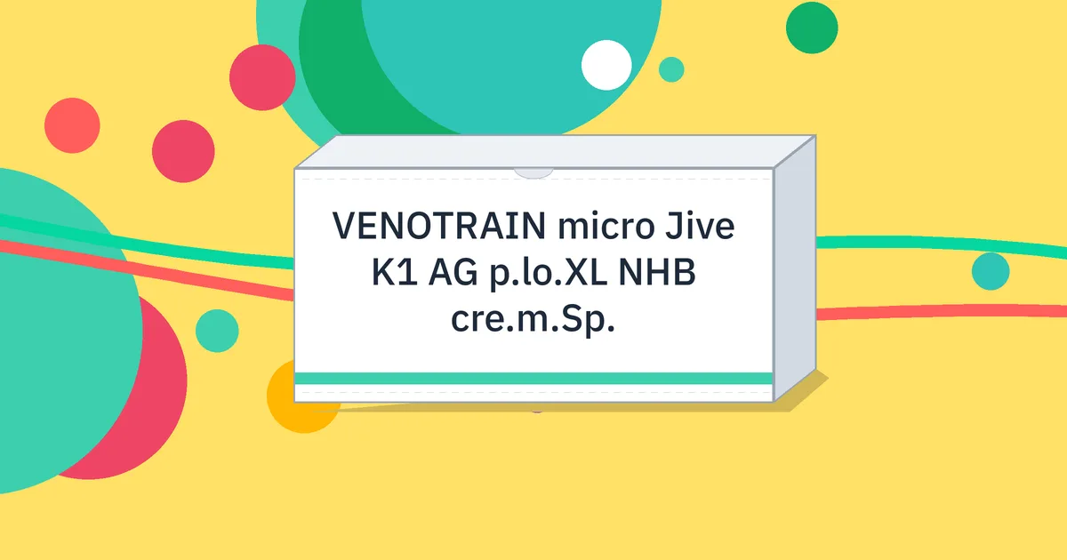 Symbolbild: Packung mit der Aufschrift VENOTRAIN micro Jive K1 AG p.lo.XL NHB cre.m.Sp. (PZN 17763512) – Verfügbarkeit und Bezug in Apotheken in Frankfurt am Main
