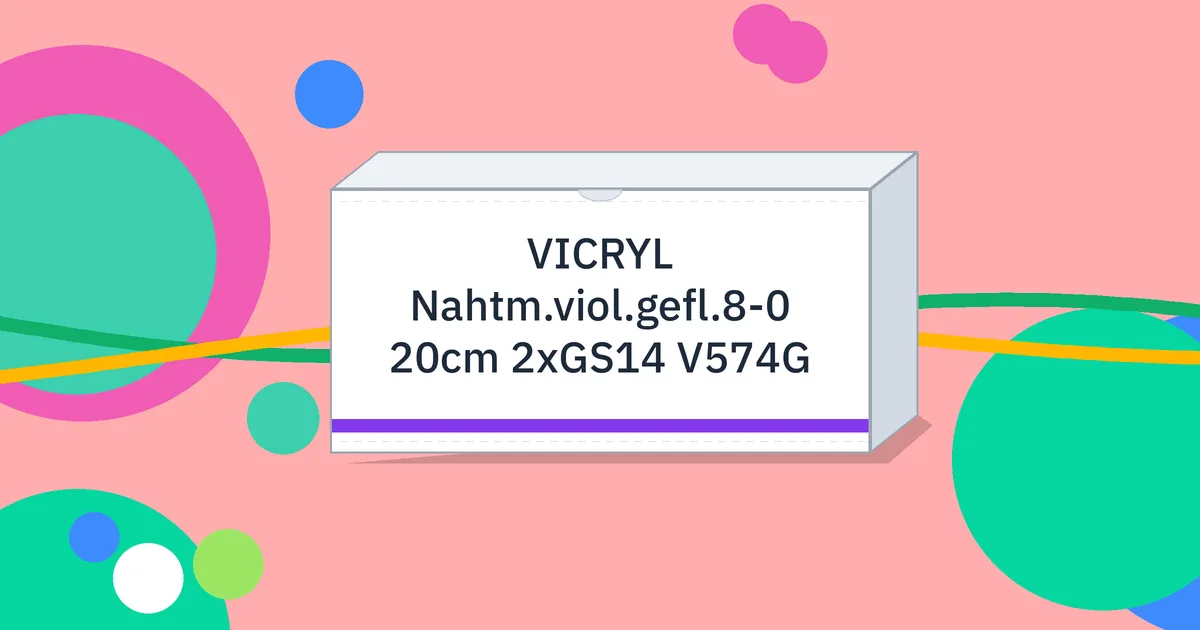 Symbolbild: Packung mit der Aufschrift VICRYL Nahtm.viol.gefl.8-0 20cm 2xGS14 V574G (PZN 20896197) – Verfügbarkeit und Bezug in Apotheken in Frankfurt am Main