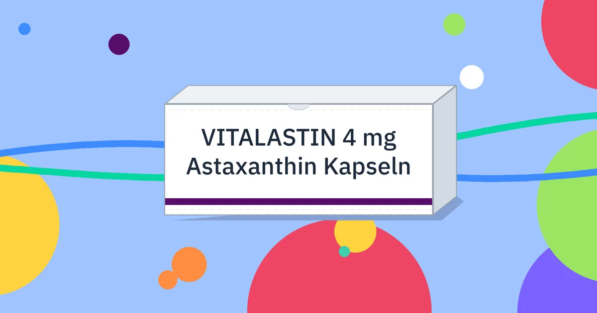 Symbolbild: Packung mit der Aufschrift VITALASTIN 4 mg Astaxanthin Kapseln (PZN 13583902) – Verfügbarkeit und Bezug in Apotheken in Frankfurt am Main
