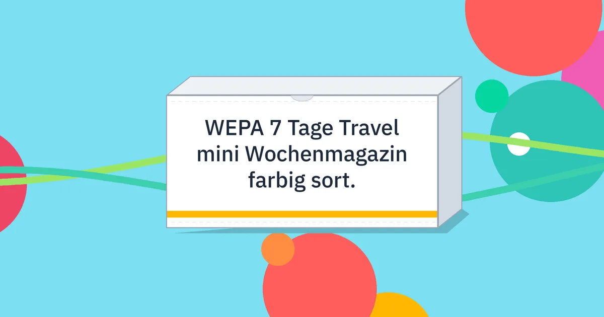 Symbolbild: Packung mit der Aufschrift WEPA 7 Tage Travel mini Wochenmagazin farbig sort. (PZN 18878140) – Verfügbarkeit und Bezug in Apotheken in Frankfurt am Main