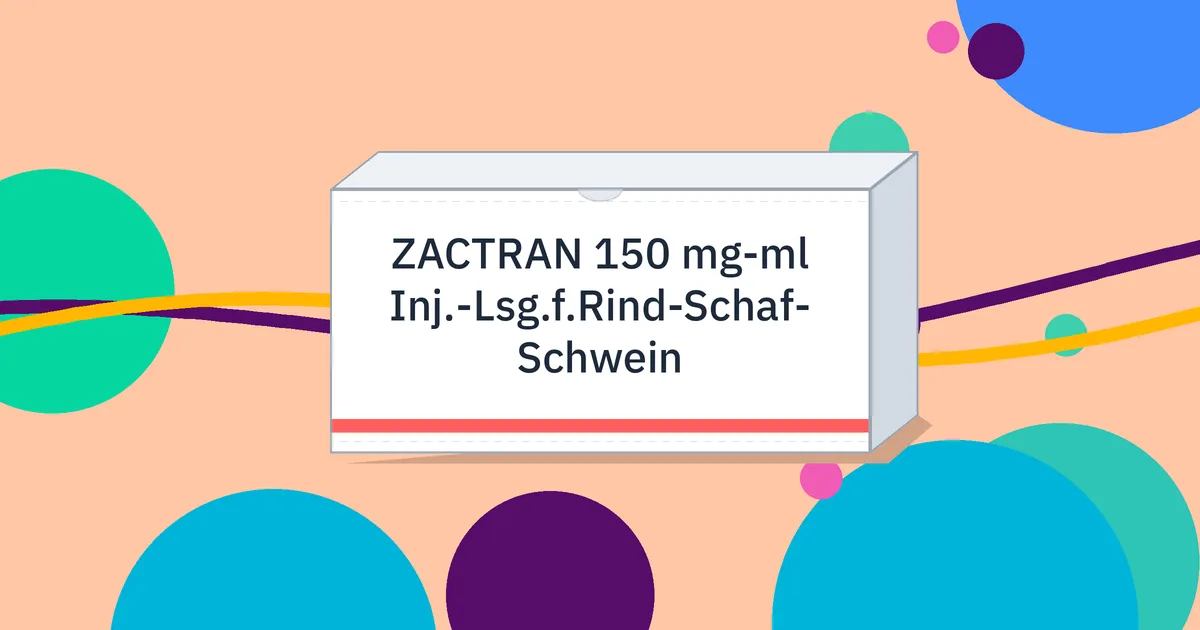 Symbolbild: Packung mit der Aufschrift ZACTRAN 150 mg-ml Inj.-Lsg.f.Rind-Schaf-Schwein (PZN 11651692) – Verfügbarkeit und Bezug in Apotheken in Frankfurt am Main