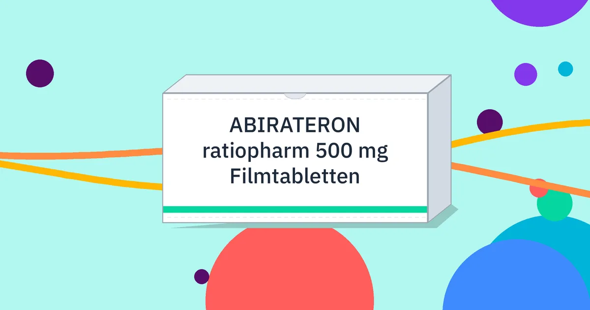 Symbolbild: Packung mit der Aufschrift ABIRATERON ratiopharm 500 mg Filmtabletten (PZN 18045032) – Verfügbarkeit und Bezug in Apotheken in Frankfurt am Main
