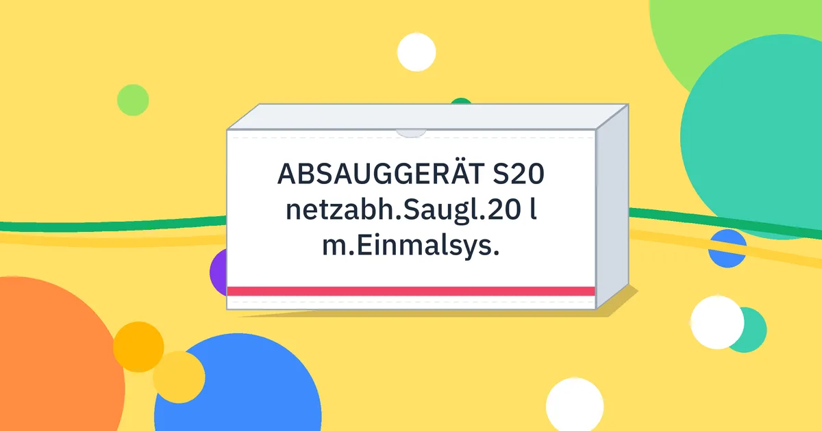 Symbolbild: Packung mit der Aufschrift ABSAUGGERÄT S20 netzabh.Saugl.20 l m.Einmalsys. (PZN 00758694) – Verfügbarkeit und Bezug in Apotheken in Frankfurt am Main