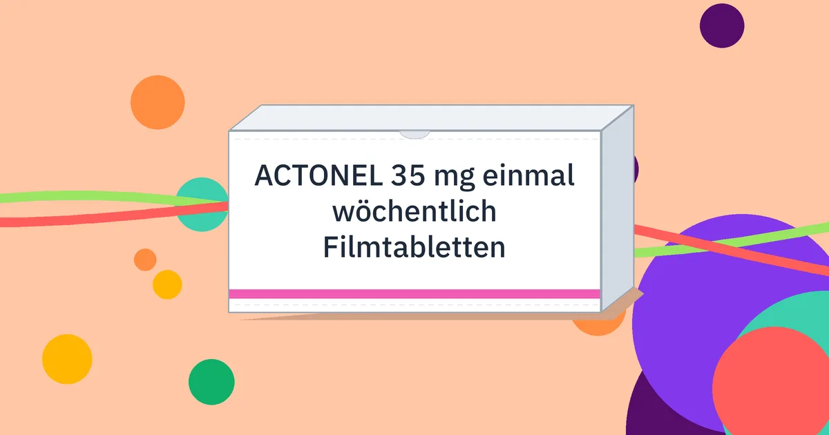 Symbolbild: Packung mit der Aufschrift ACTONEL 35 mg einmal wöchentlich Filmtabletten (PZN 05560034) – Verfügbarkeit und Bezug in Apotheken in Frankfurt am Main