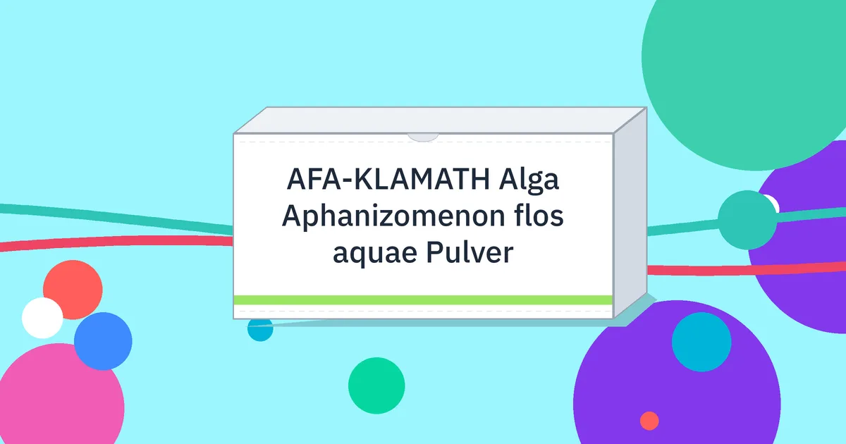 Symbolbild: Packung mit der Aufschrift AFA-KLAMATH Alga Aphanizomenon flos aquae Pulver (PZN 10008267) – Verfügbarkeit und Bezug in Apotheken in Frankfurt am Main