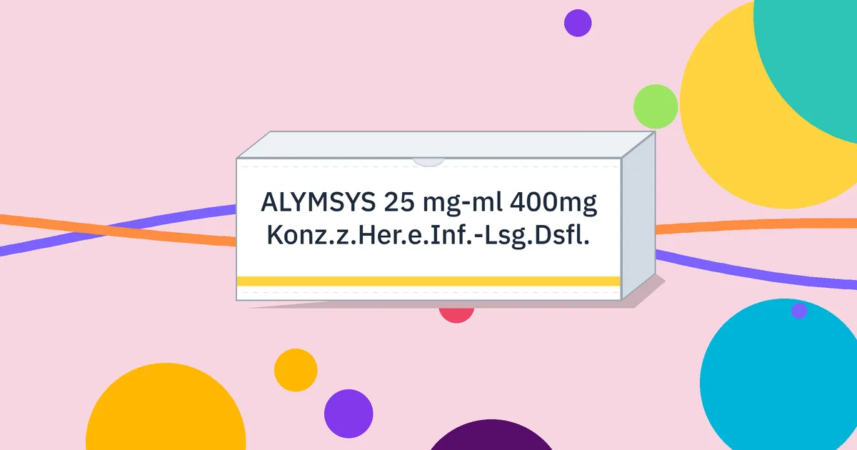 Symbolbild: Packung mit der Aufschrift ALYMSYS 25 mg-ml 400mg Konz.z.Her.e.Inf.-Lsg.Dsfl. (PZN 18776623) – Verfügbarkeit und Bezug in Apotheken in Frankfurt am Main