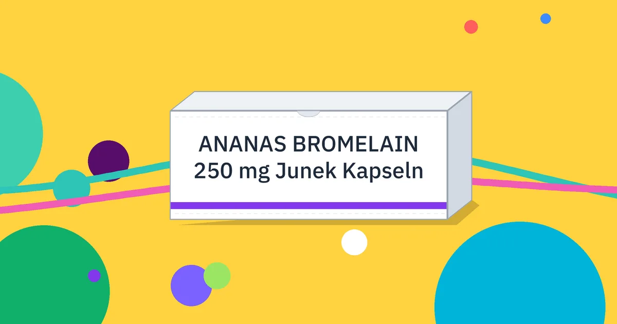 Symbolbild: Packung mit der Aufschrift ANANAS BROMELAIN 250 mg Junek Kapseln (PZN 02572611) – Verfügbarkeit und Bezug in Apotheken in Frankfurt am Main