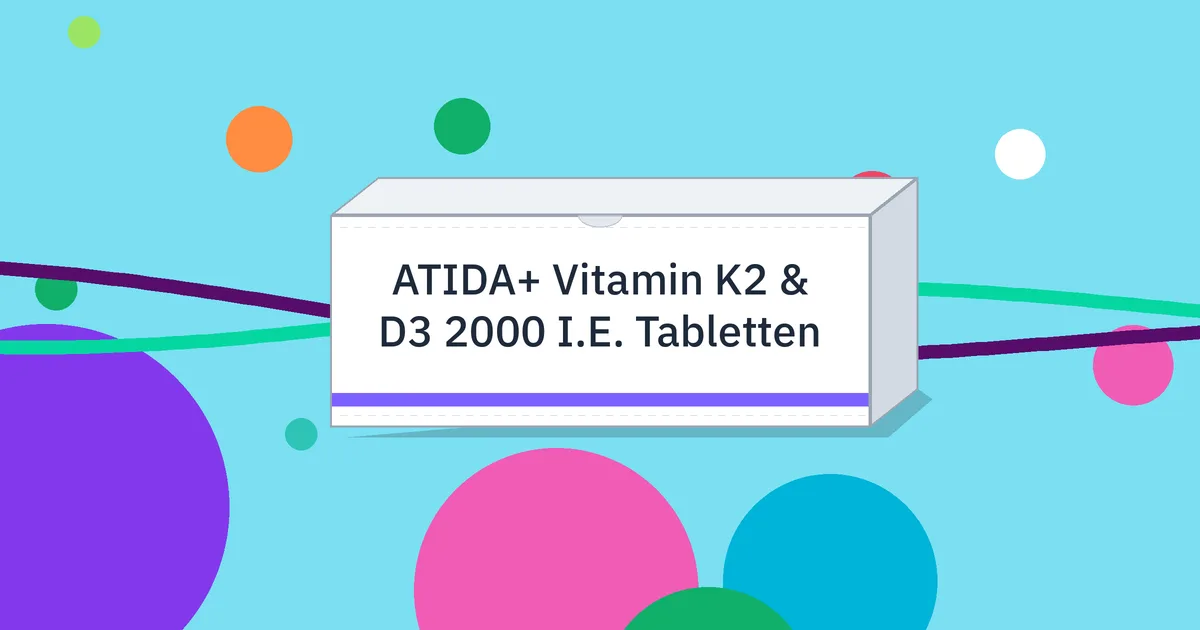 Symbolbild: Packung mit der Aufschrift ATIDA+ Vitamin K2 & D3 2000 I.E. Tabletten (PZN 16731970) – Verfügbarkeit und Bezug in Apotheken in Frankfurt am Main