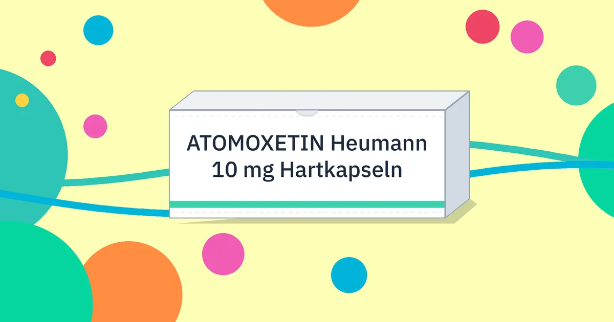 Symbolbild: Packung mit der Aufschrift ATOMOXETIN Heumann 10 mg Hartkapseln (PZN 14063889) – Verfügbarkeit und Bezug in Apotheken in Frankfurt am Main