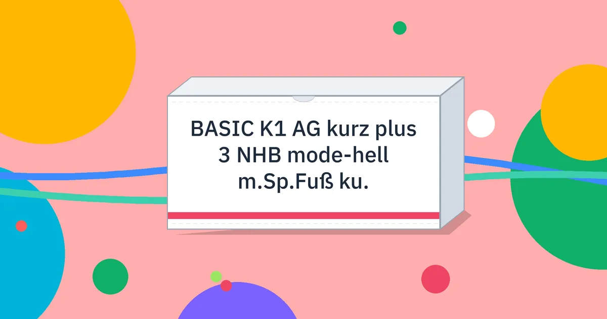 Symbolbild: Packung mit der Aufschrift BASIC K1 AG kurz plus 3 NHB mode-hell m.Sp.Fuß ku. (PZN 20260588) – Verfügbarkeit und Bezug in Apotheken in Frankfurt am Main