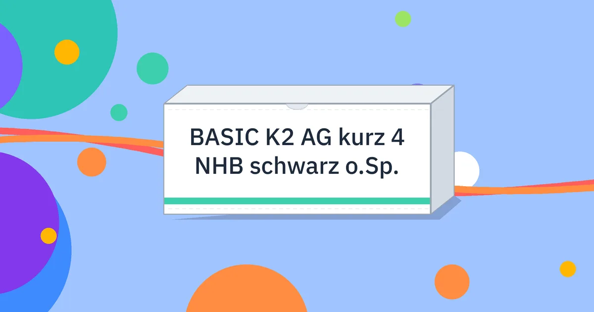 Symbolbild: Packung mit der Aufschrift BASIC K2 AG kurz 4 NHB schwarz o.Sp. (PZN 20267403) – Verfügbarkeit und Bezug in Apotheken in Frankfurt am Main