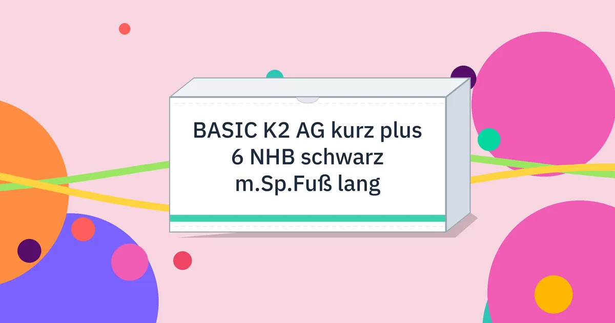 Symbolbild: Packung mit der Aufschrift BASIC K2 AG kurz plus 6 NHB schwarz m.Sp.Fuß lang (PZN 20268354) – Verfügbarkeit und Bezug in Apotheken in Frankfurt am Main