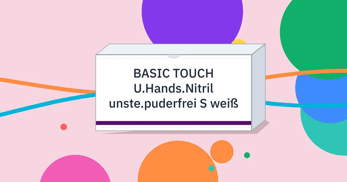 Symbolbild: Packung mit der Aufschrift BASIC TOUCH U.Hands.Nitril unste.puderfrei S weiß (PZN 15257503) – Verfügbarkeit und Bezug in Apotheken in Frankfurt am Main