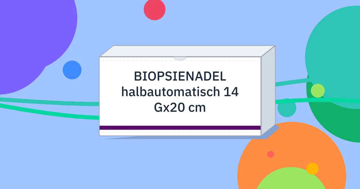 Symbolbild: Packung mit der Aufschrift BIOPSIENADEL halbautomatisch 14 Gx20 cm (PZN 19529281) – Verfügbarkeit und Bezug in Apotheken in Frankfurt am Main