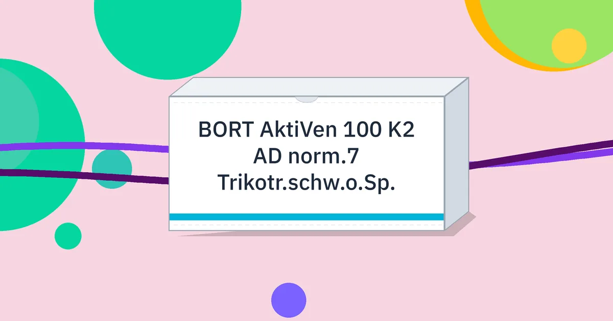 Symbolbild: Packung mit der Aufschrift BORT AktiVen 100 K2 AD norm.7 Trikotr.schw.o.Sp. (PZN 14386598) – Verfügbarkeit und Bezug in Apotheken in Frankfurt am Main
