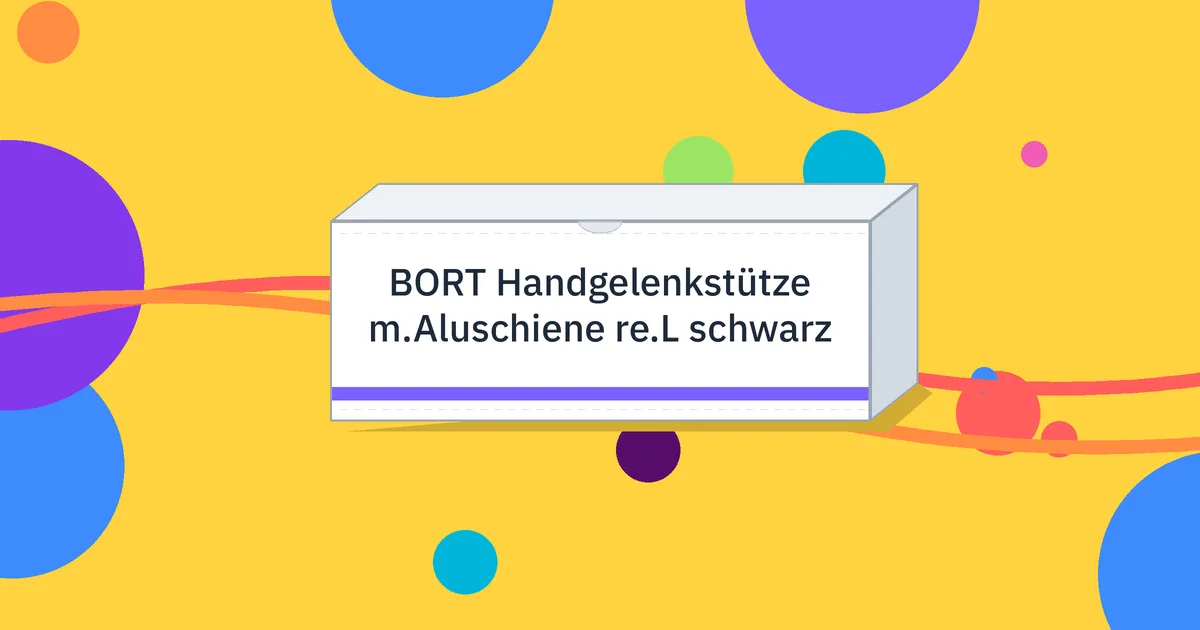 Symbolbild: Packung mit der Aufschrift BORT Handgelenkstütze m.Aluschiene re.L schwarz (PZN 05539407) – Verfügbarkeit und Bezug in Apotheken in Frankfurt am Main