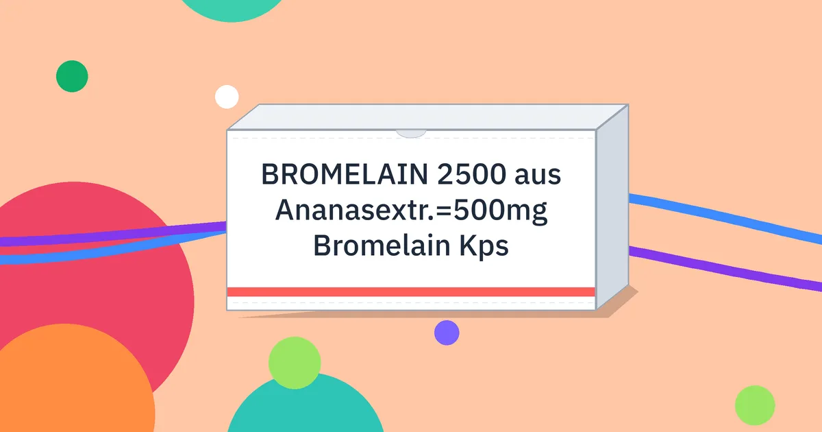 Symbolbild: Packung mit der Aufschrift BROMELAIN 2500 aus Ananasextr.=500mg Bromelain Kps (PZN 20869036) – Verfügbarkeit und Bezug in Apotheken in Frankfurt am Main