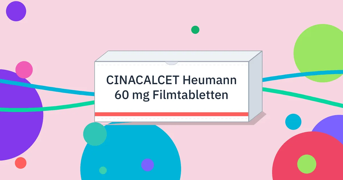 Symbolbild: Packung mit der Aufschrift CINACALCET Heumann 60 mg Filmtabletten (PZN 14064127) – Verfügbarkeit und Bezug in Apotheken in Frankfurt am Main