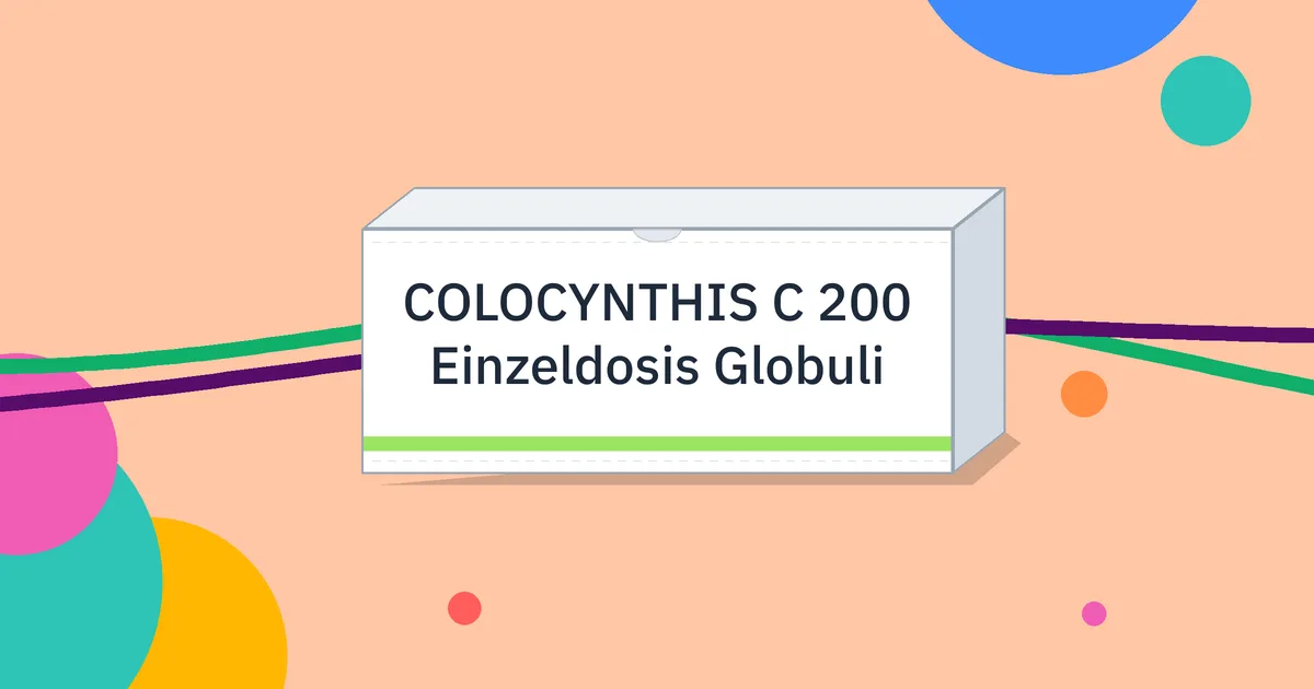 Symbolbild: Packung mit der Aufschrift COLOCYNTHIS C 200 Einzeldosis Globuli (PZN 01542973) – Verfügbarkeit und Bezug in Apotheken in Frankfurt am Main