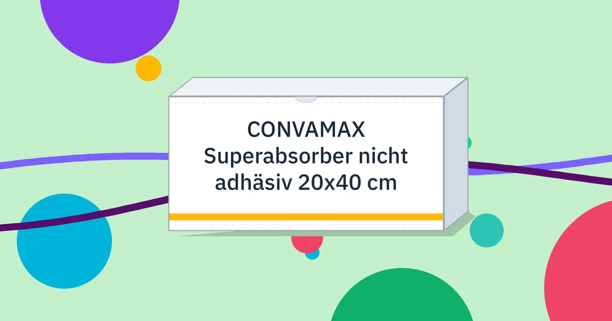 Symbolbild: Packung mit der Aufschrift CONVAMAX Superabsorber nicht adhäsiv 20x40 cm (PZN 20124796) – Verfügbarkeit und Bezug in Apotheken in Frankfurt am Main