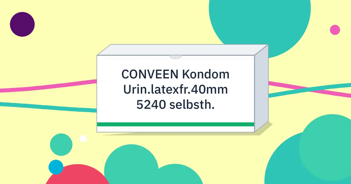 Symbolbild: Packung mit der Aufschrift CONVEEN Kondom Urin.latexfr.40mm 5240 selbsth. (PZN 08523944) – Verfügbarkeit und Bezug in Apotheken in Frankfurt am Main