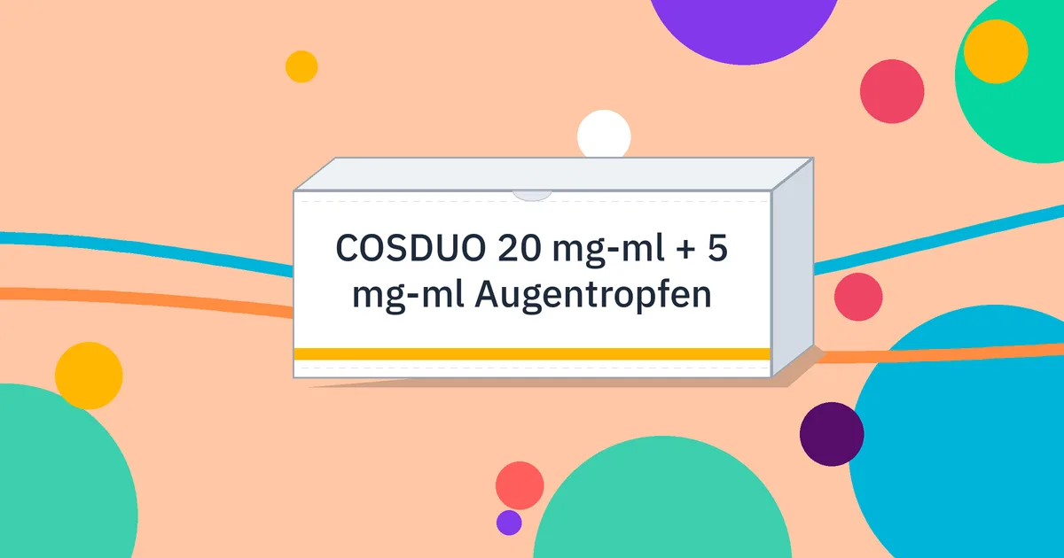 Symbolbild: Packung mit der Aufschrift COSDUO 20 mg-ml + 5 mg-ml Augentropfen (PZN 13245660) – Verfügbarkeit und Bezug in Apotheken in Frankfurt am Main