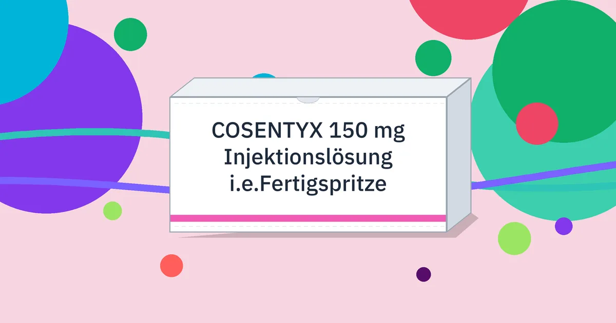 Symbolbild: Packung mit der Aufschrift COSENTYX 150 mg Injektionslösung i.e.Fertigspritze (PZN 19920602) – Verfügbarkeit und Bezug in Apotheken in Frankfurt am Main