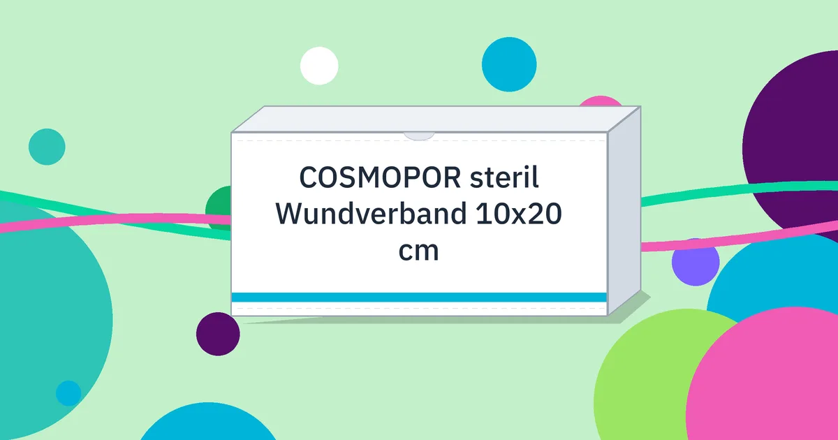 Symbolbild: Packung mit der Aufschrift COSMOPOR steril Wundverband 10x20 cm (PZN 12476038) – Verfügbarkeit und Bezug in Apotheken in Frankfurt am Main