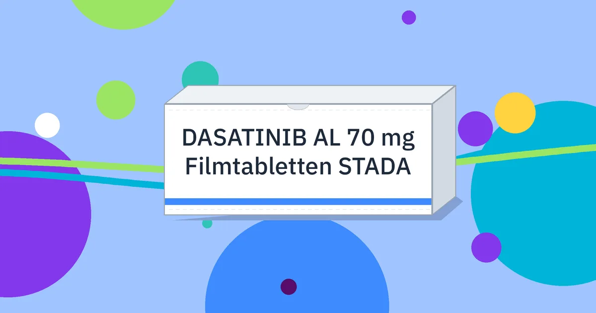 Symbolbild: Packung mit der Aufschrift DASATINIB AL 70 mg Filmtabletten STADA (PZN 14441067) – Verfügbarkeit und Bezug in Apotheken in Frankfurt am Main