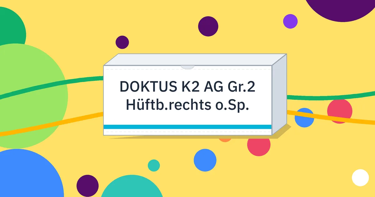 Symbolbild: Packung mit der Aufschrift DOKTUS K2 AG Gr.2 Hüftb.rechts o.Sp. (PZN 03310994) – Verfügbarkeit und Bezug in Apotheken in Frankfurt am Main