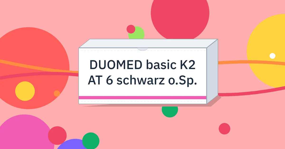Symbolbild: Packung mit der Aufschrift DUOMED basic K2 AT 6 schwarz o.Sp. (PZN 20906151) – Verfügbarkeit und Bezug in Apotheken in Frankfurt am Main