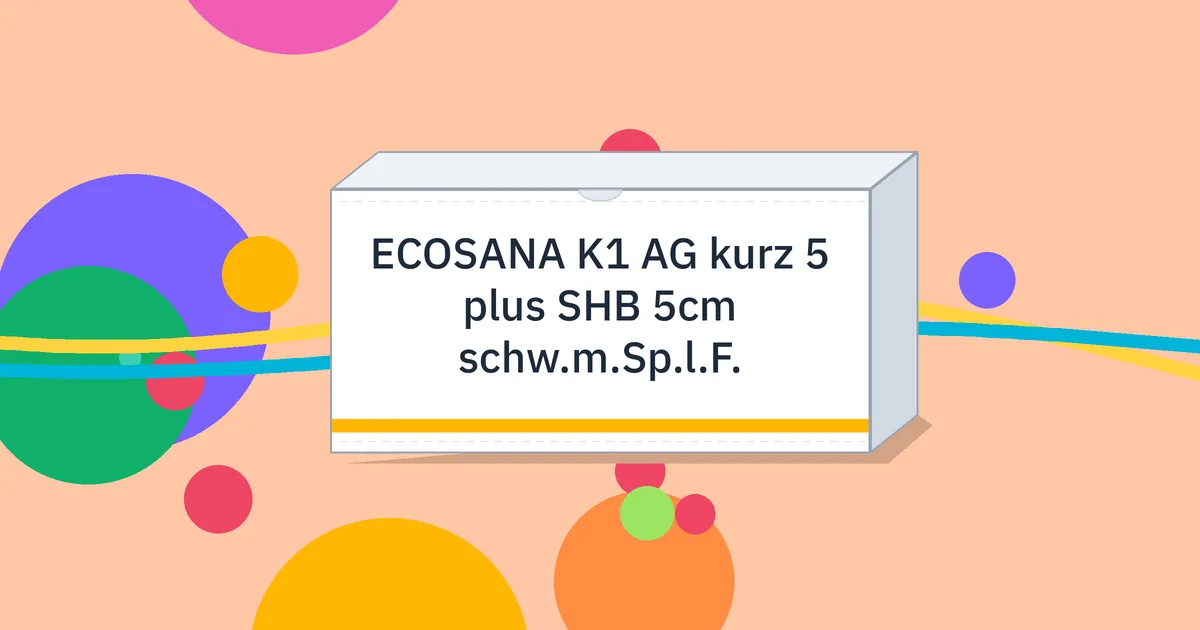 Symbolbild: Packung mit der Aufschrift ECOSANA K1 AG kurz 5 plus SHB 5cm schw.m.Sp.l.F. (PZN 04728997) – Verfügbarkeit und Bezug in Apotheken in Frankfurt am Main